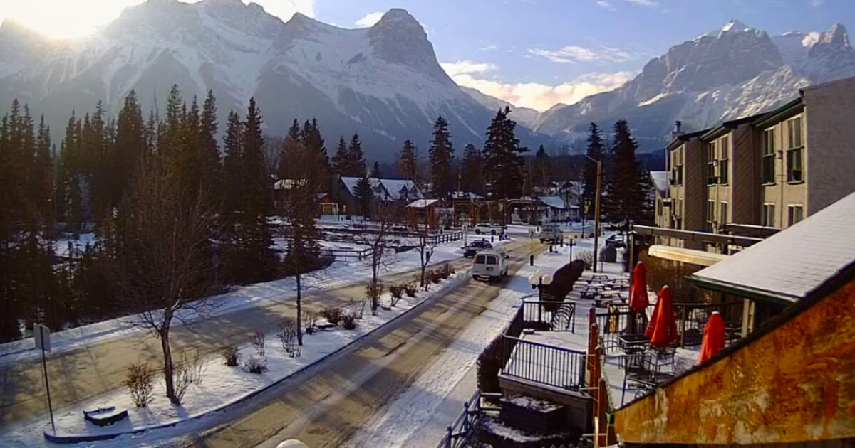 Live Views of Main St. Canmore and Ha Ling Peak from The Drake Pub